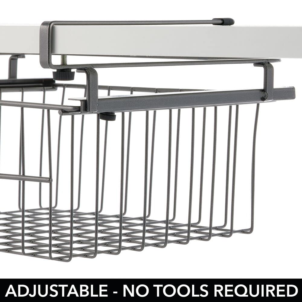mDesign Compact Hanging Pullout Drawer Basket - Sliding Under Shelf Storage Organizer - Metal Wire - Attaches to Shelving - Easy Install - for Kitchen, Pantry, Cabinet - White
