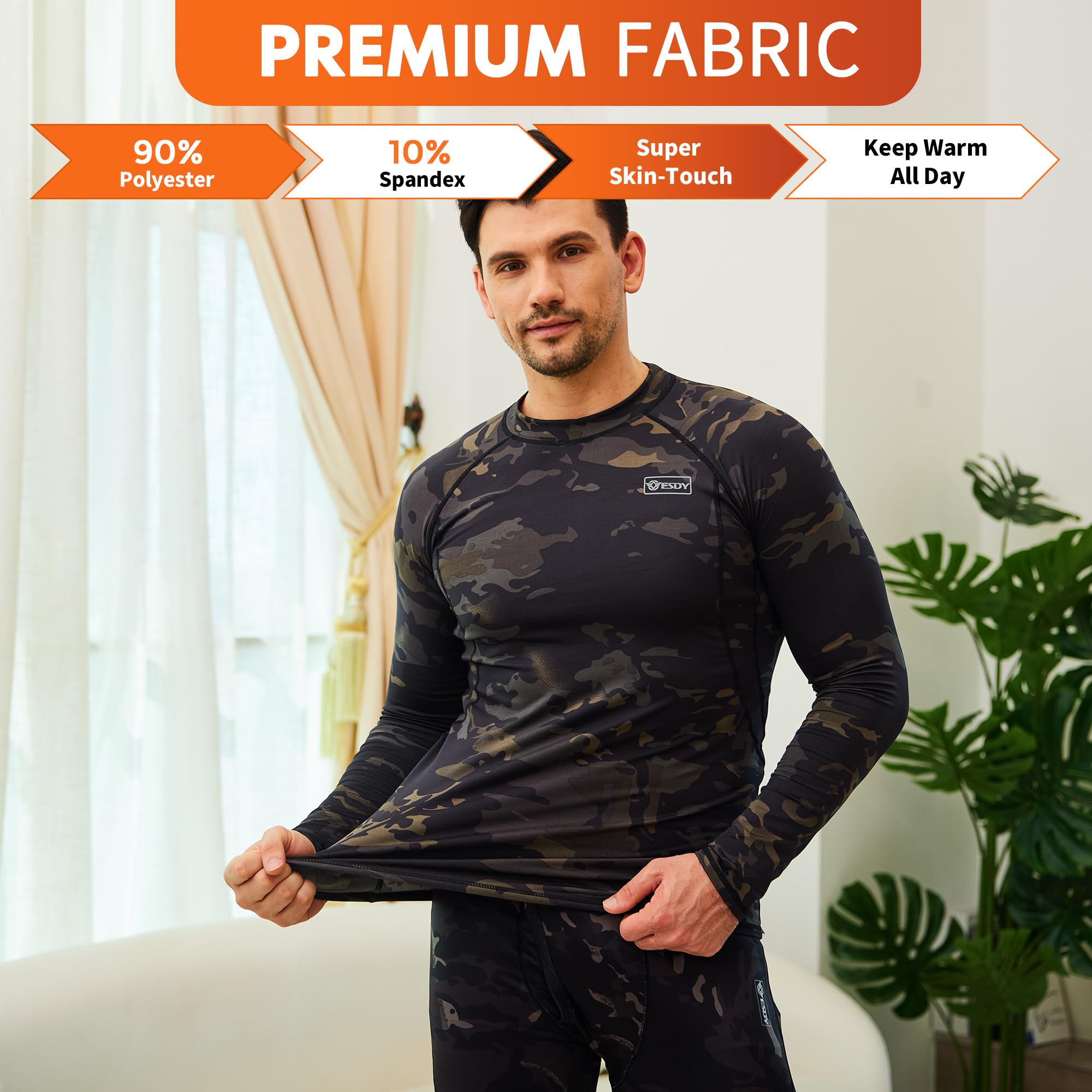 Long Johns for Men with Fly, Thermal Underwear Set Winter Hunting Gear Sport Base Layer Top and Bottom Midweight -Crew Neck-Camo Black-XL