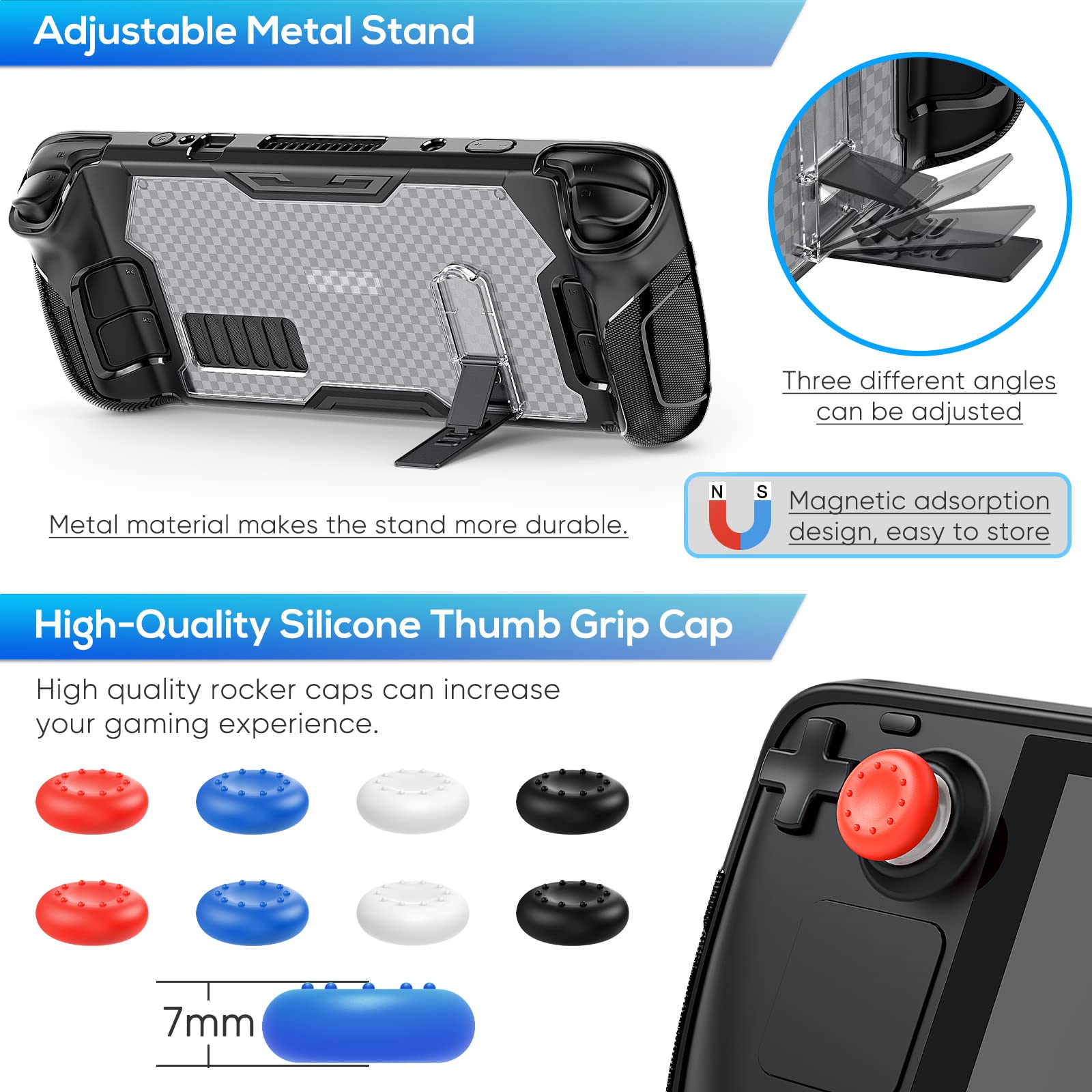 Upgraded Protective Case with Kickstand for Steam Deck/Steam Deck OLED, PC+TPU Cover Case for Steam Deck Accessories Kits with Kick Stand, Screen Protector & Thumb Caps, Flexible Case for Steam Deck