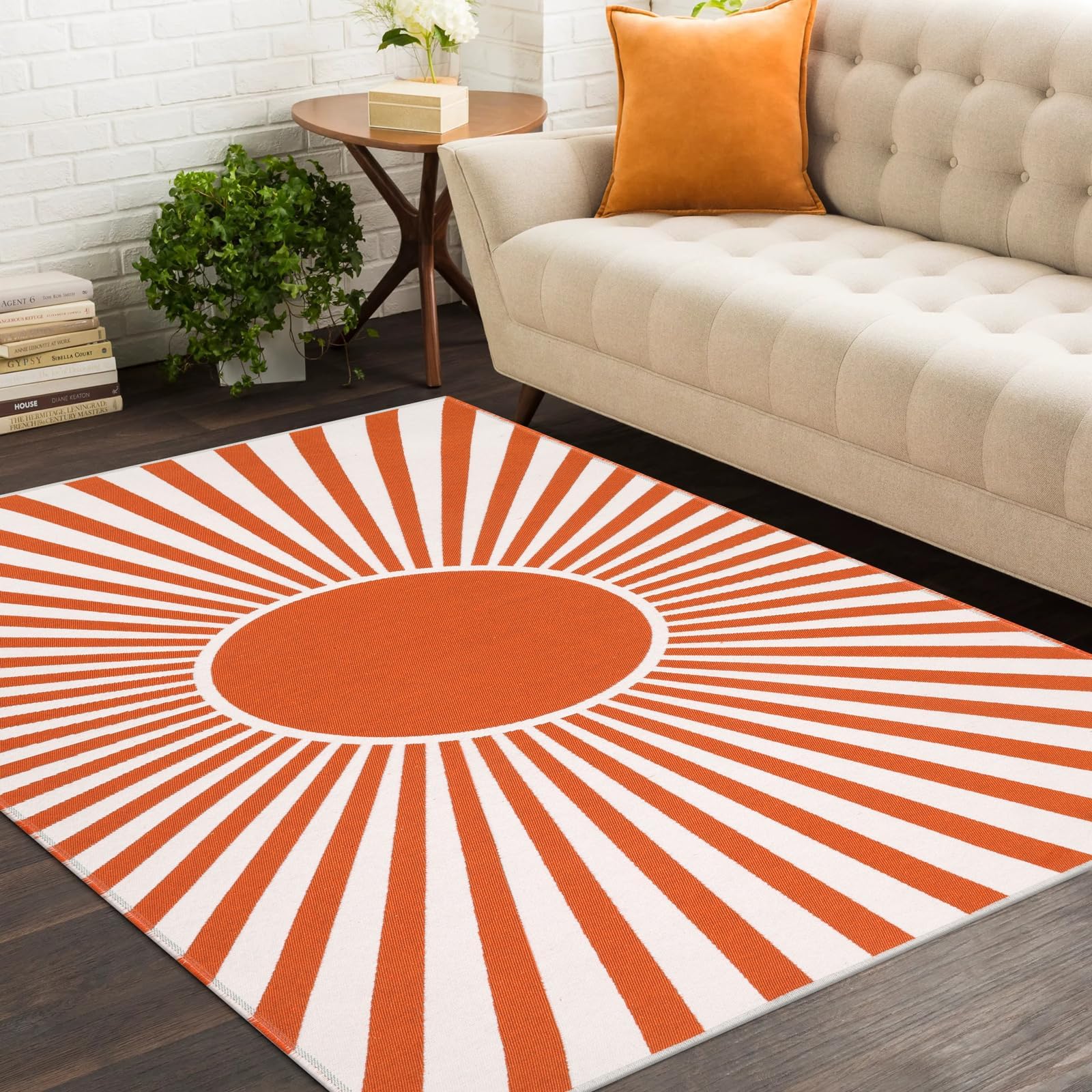 LEEVAN Boho Rug for Living Room, Machine Washable Rugs, Farmhouse 4x6 Rug Cotton Woven Bedroom Rug, Entryway Rugs Indoor, Orange&White