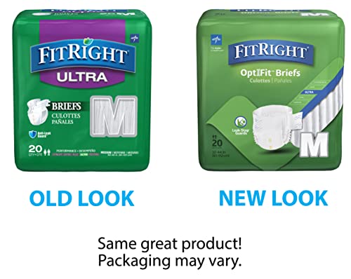 Medline FitRight Ultra Adult Diapers, Disposable Incontinence Briefs with Tabs, Heavy Absorbency, Medium, 32''-42'', 20 Count (Pack of 4)
