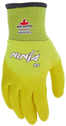 MCR Safety Ninja® Ice Hi-Visibility 15 Gauge Nylon Insulated Cold Weather Gloves, Acrylic Terry Inner, 3/4 HPT Coating, Yellow, Large , 1-Pair