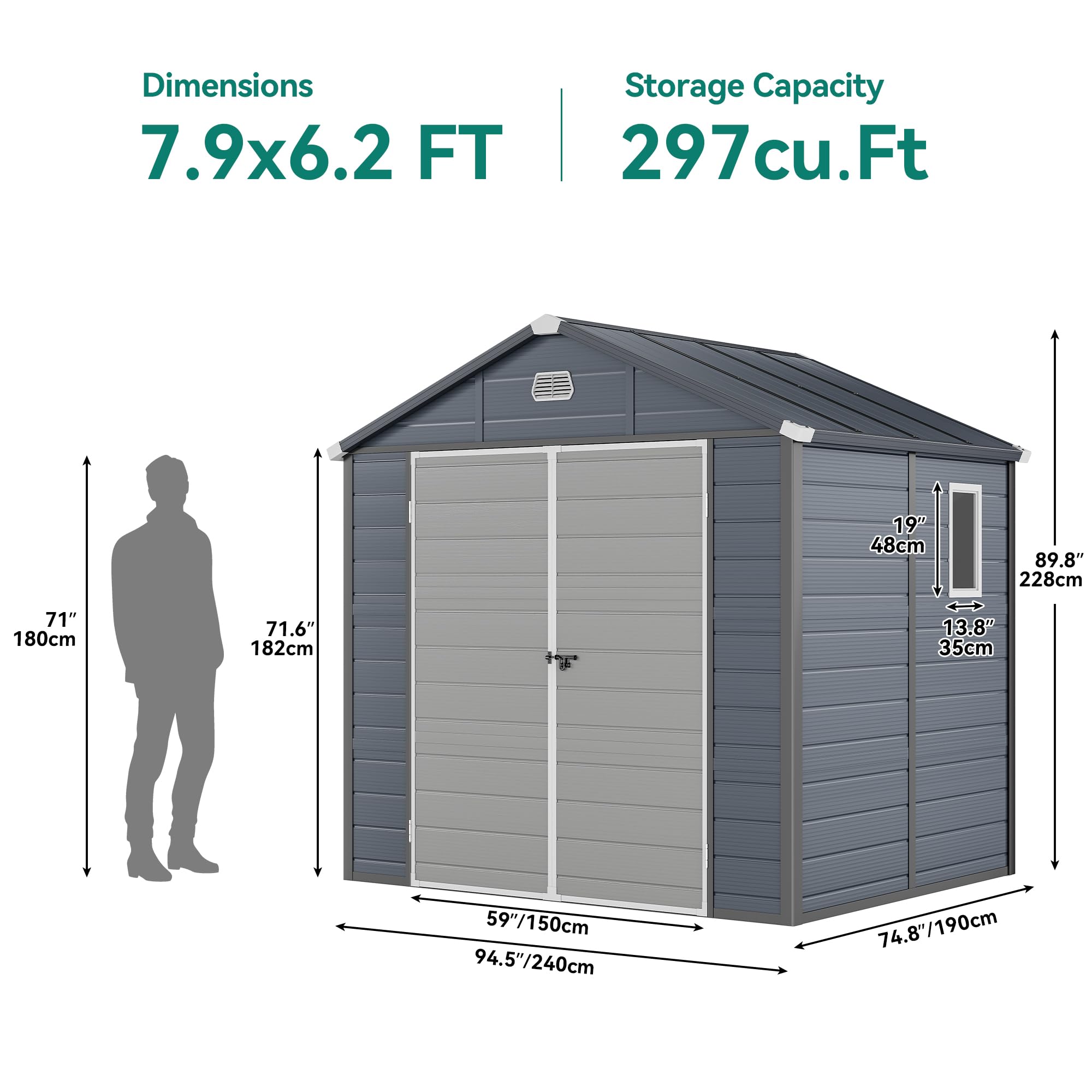 YITAHOME 7.87x6.2FT Outdoor Resin Storage Shed w/o Floor, All-Weather Plastic Shed with Lockable Doors, Window & Vents, Plastic Tool Shed for Backyard, Patio, Poolside, Lawn, Dark Gray