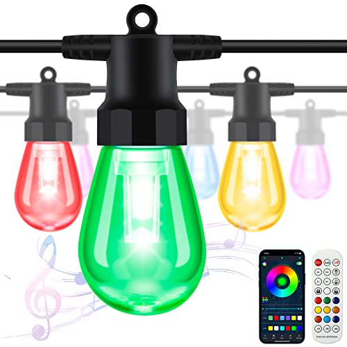 XHT Outdoor String Lights - 48ft Sync with Music Color Changing Outside Patio Lights with 15 Dimmable IP65 Waterproof RGB LED Bulbs with App & Remote Control for Dating, Party, Wedding
