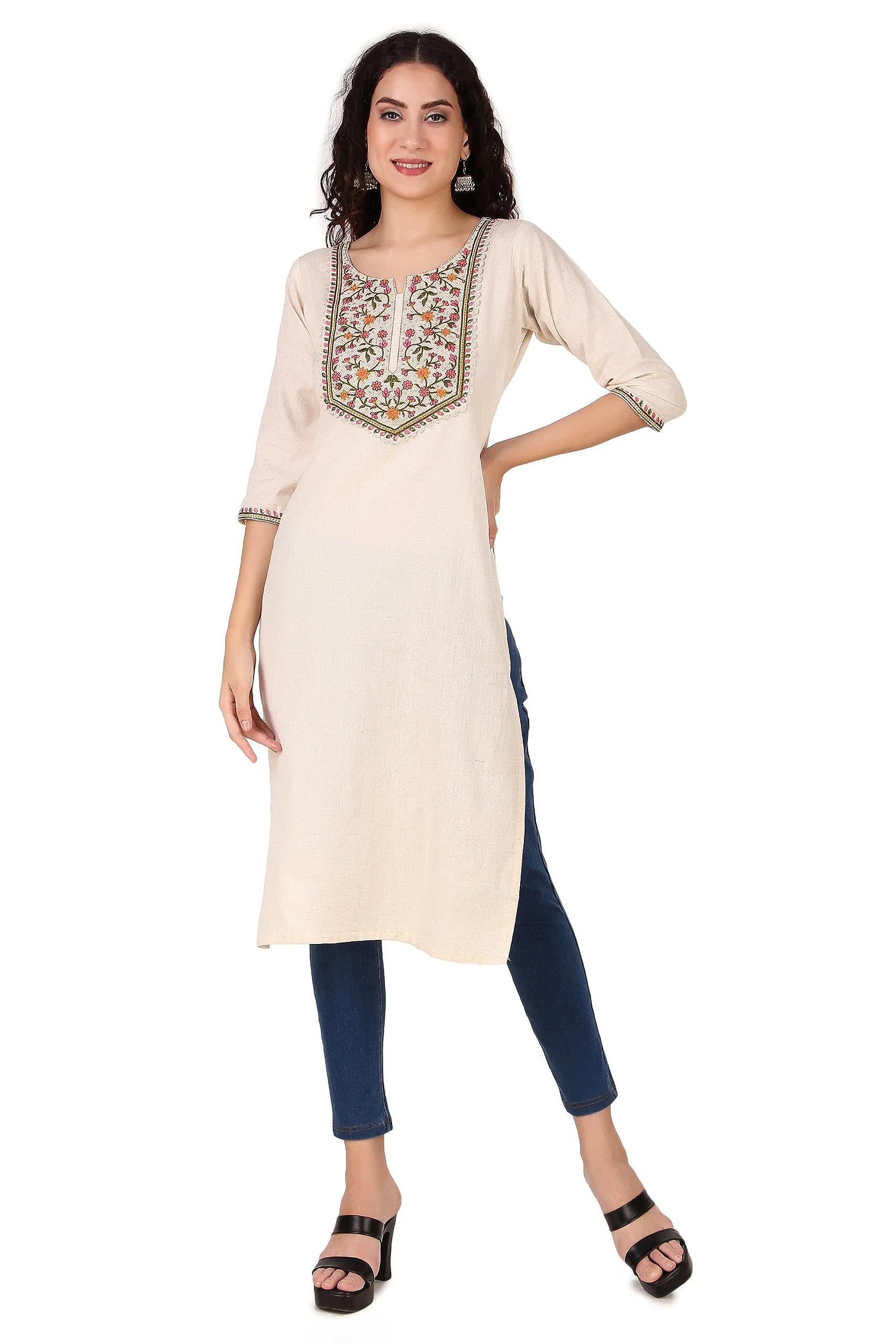ladyline Rich Khadi Cotton Womens Tunic Top Multi Embroidered Kurti Kurta Dress (CEK SHKH690) (50/Cream)