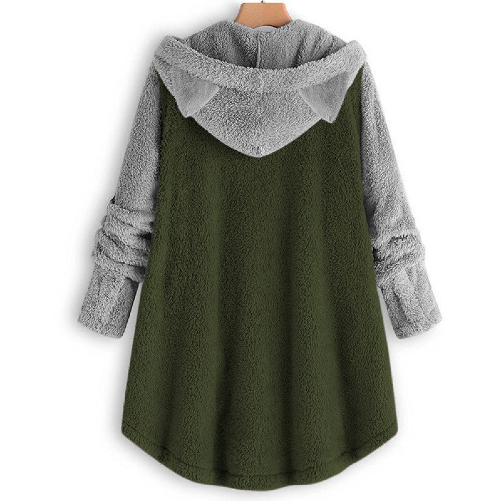 Oodie Blanket Hoodie Women'S Irregular Color-Blocking Coat With Button Hooded Cat Ears Plush Blouse,Green,Xl