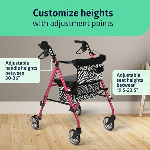 Medline Posh Premium Lightweight Aluminum Rollator Walker, Pink & Zebra Print, 250 lb. Weight Capacity, 6β Wheels, Water Resistant, Foldable, Rolling Walker for Seniors