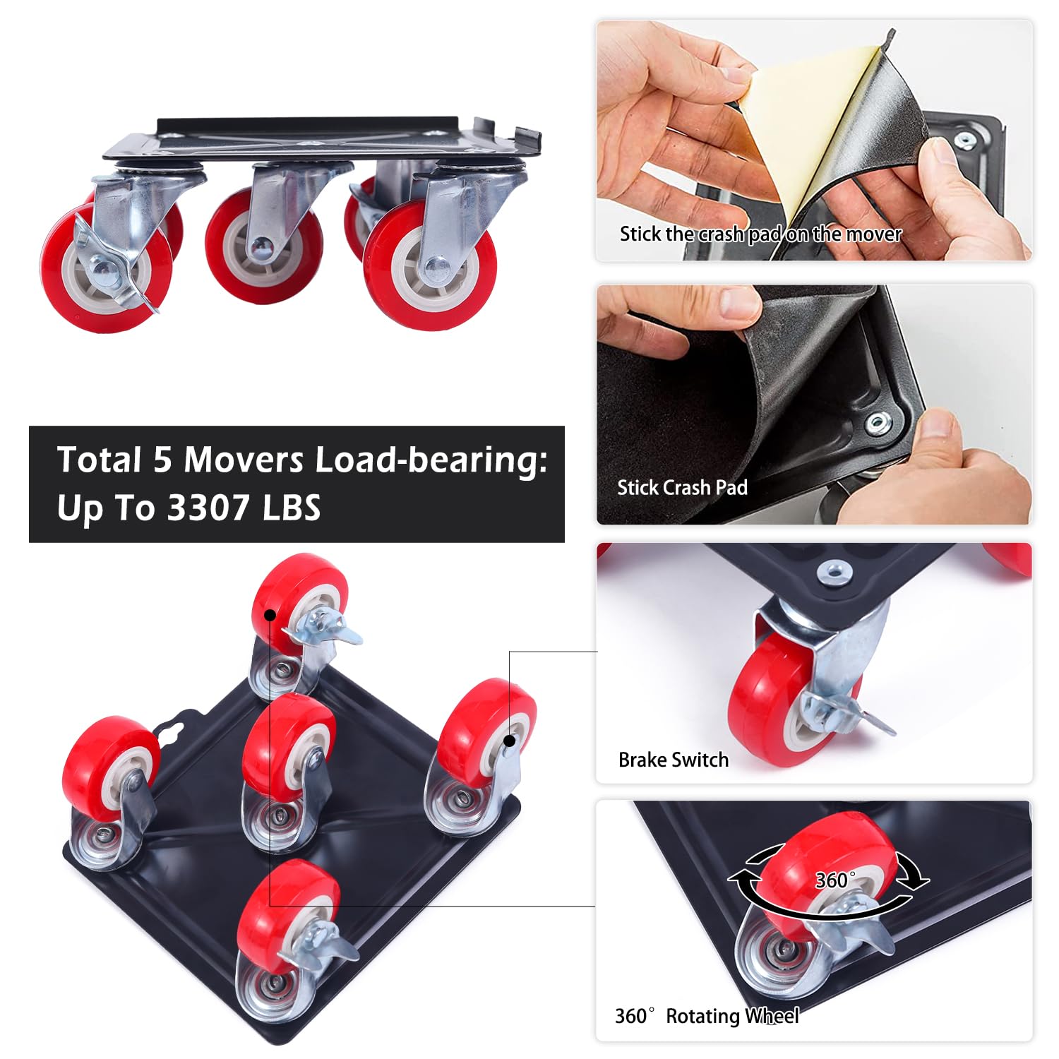 LOYAL TIGER Furniture Dolly,Furniture Mover Pro Set,Furniture Lifter with 5 360° Rotatable Rubber Universal Wheels,Carbon Steel Panel Furniture Movers,Maximum Load 2204LBS,Red.