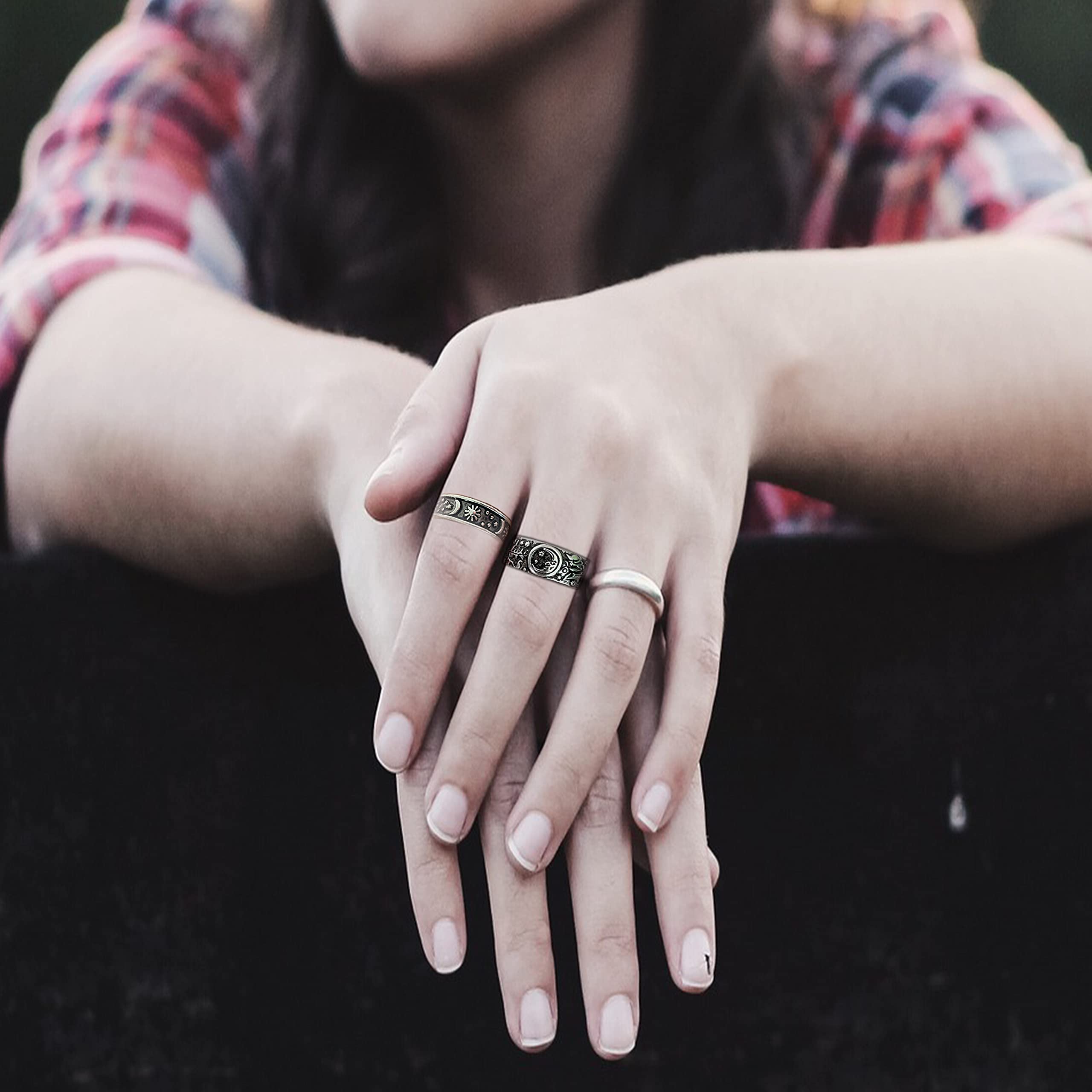 MYLY 2PCS Stainless Steel Sun Moon Rings for Women Men,Sun Ring,Moon Ring for Women Men (A, 7)