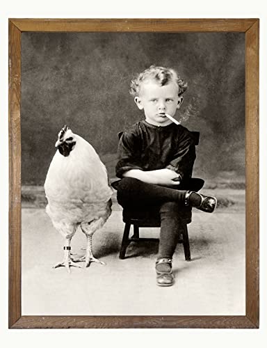 Vintage Weird Boy with Chicken Poster - Retro Funny Photo Picture for Bathroom Kitchen Home Office - Quirky Humorous Wall Art - Funky Oddity Curiosity Room Decor - Black and White 8x10 Unframed Gifts