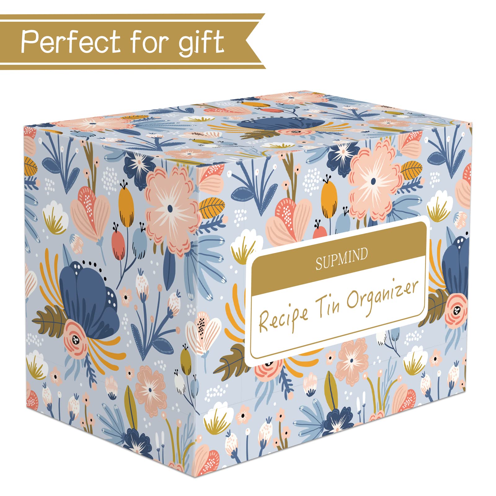SUPMIND Recipe Box, Recipe Card Box for 4" x 6" Recipe Cards, Durable Metal Recipe Holder, Decorative Recipe Tin with Gift Box