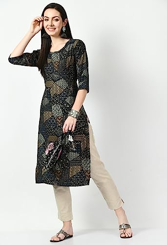 Lagi Women Round Neck 3/4 Sleeves Gold Foil Print Rayon Kurti, Grey (XL)