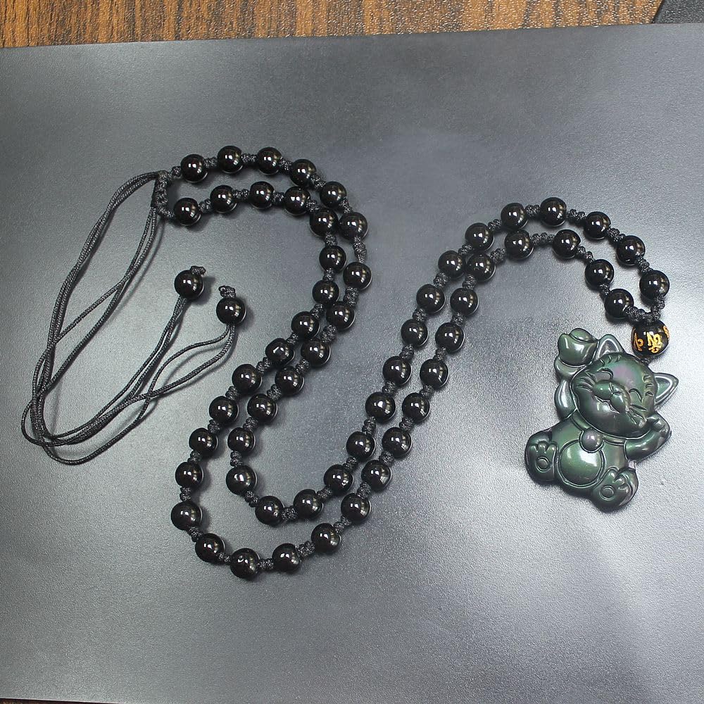 Natural rainbow Obsidian crystal Fortune lucky cat Necklace Amulet pendant bead with adjustable bead chain for Women or Men
