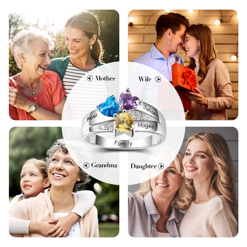 Mothers Ring with 3 Heart Simulated Birthstones Engraved 3 Names Personalized Promise Rings for Her Mom Jewelry (8.5)