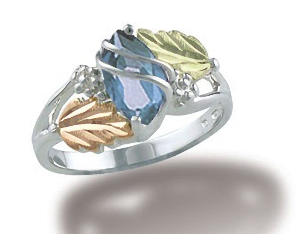 Landstroms Black Hills Gold March Birthstone Ring in Sterling Silver with marquise shaped 10 X 5 MM synthetic Aquamarine Gemstone - Ring Size 8.5