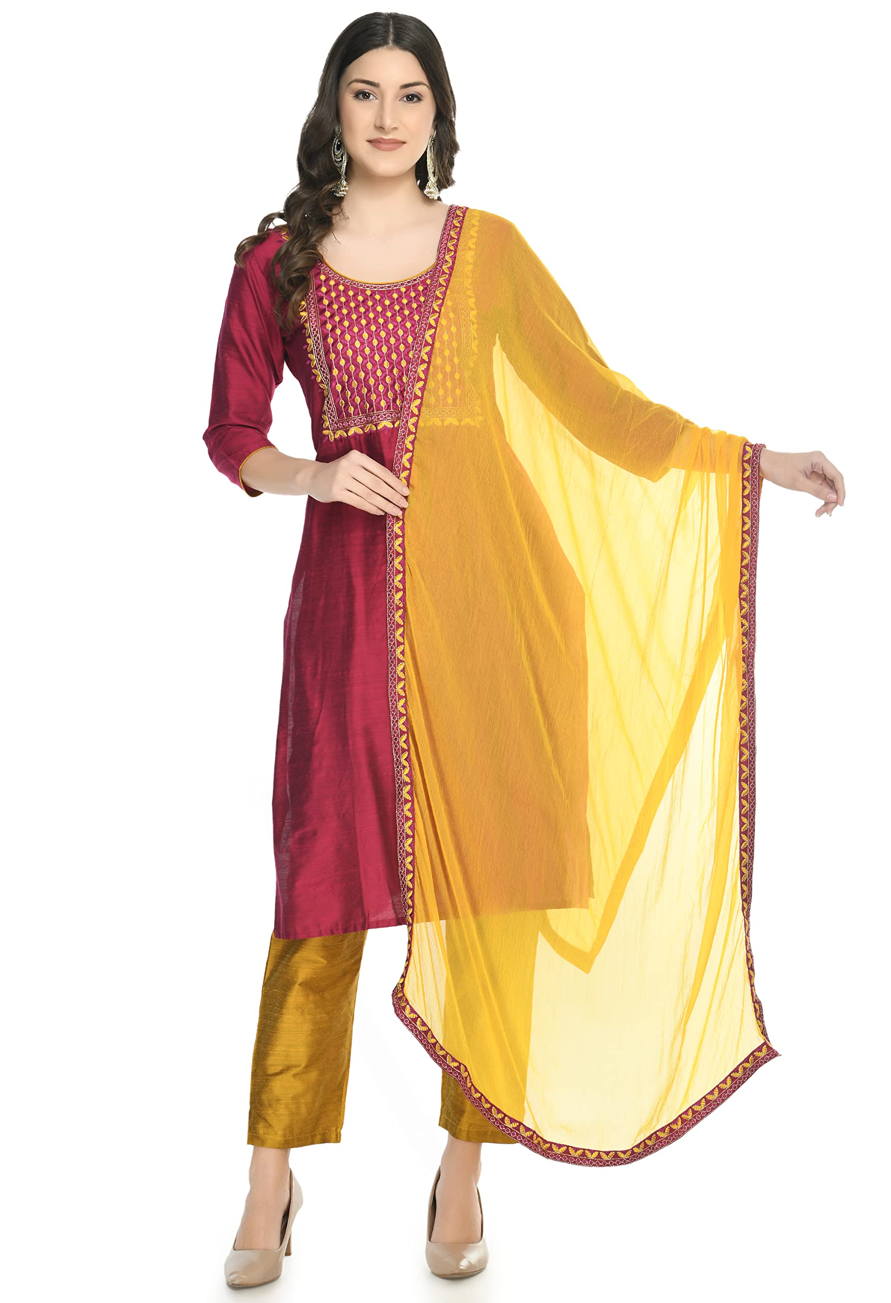Lagi Women Straight Embroiderd Poly Silk Kurti Dupatta with Pant Set, Magenta (XL)