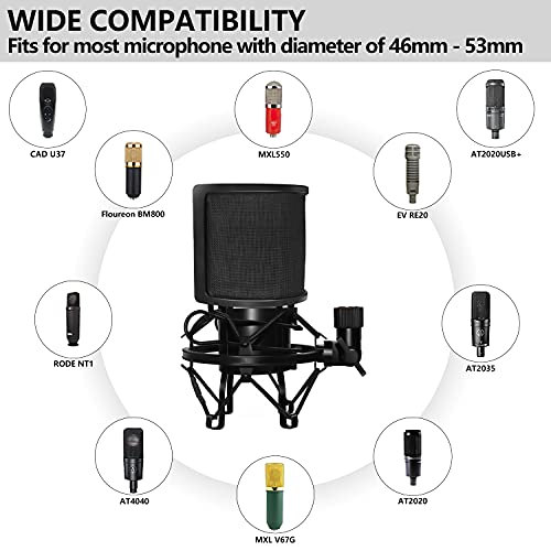 Microphone Shock Mount with Pop Filter, PEMOTech Mic Anti-Vibration Suspension Shock Mount Holder for 46mm-53mm Diameter Microphone, Compatible for AT2020 Microphone Shock Mount Bonus Screw Adapter