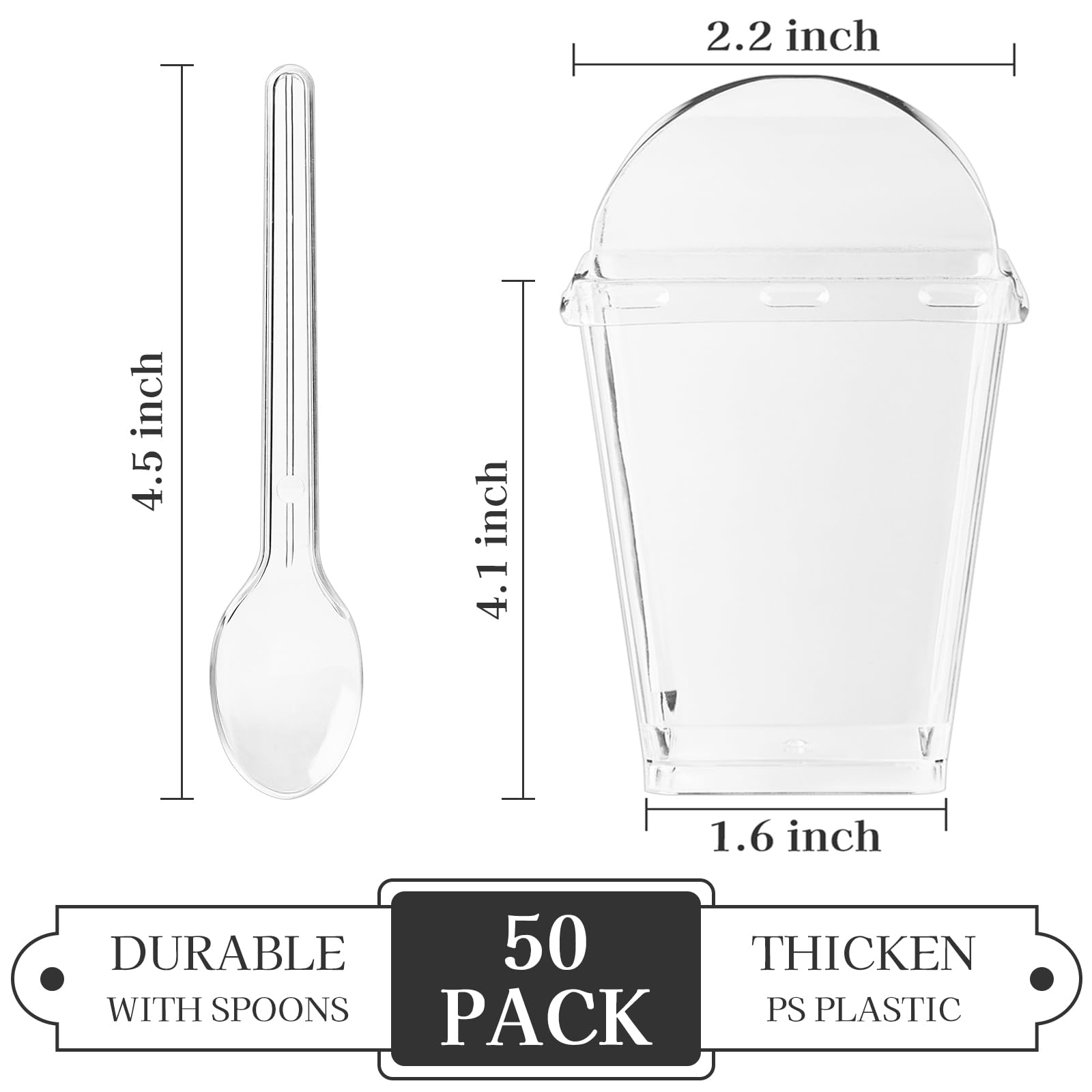 TOFLEN 50 Pack 5 oz Mini Dessert Cups with Lids and Spoons, Square Clear Plastic Dessert Shooters Party Serving Tumbler Cups for Parfait Appetizers & Dessert Shot Glasses (Dome)