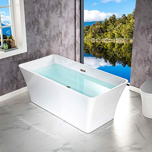 WOODBRIDGE 59" Freestanding White Acylic Soaking Bathtub with Matte Black Drain and Overflow,BTS1509-MB-Drain&O