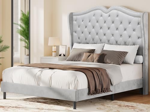 YITAHOME Queen Bed Frame with 51.2” Tall Headboard,Velvet Tufted Bed Frame, Queen Bed Frame Platform with Velvet Headboard, No Box Spring Needed,Noise-Free,Grey