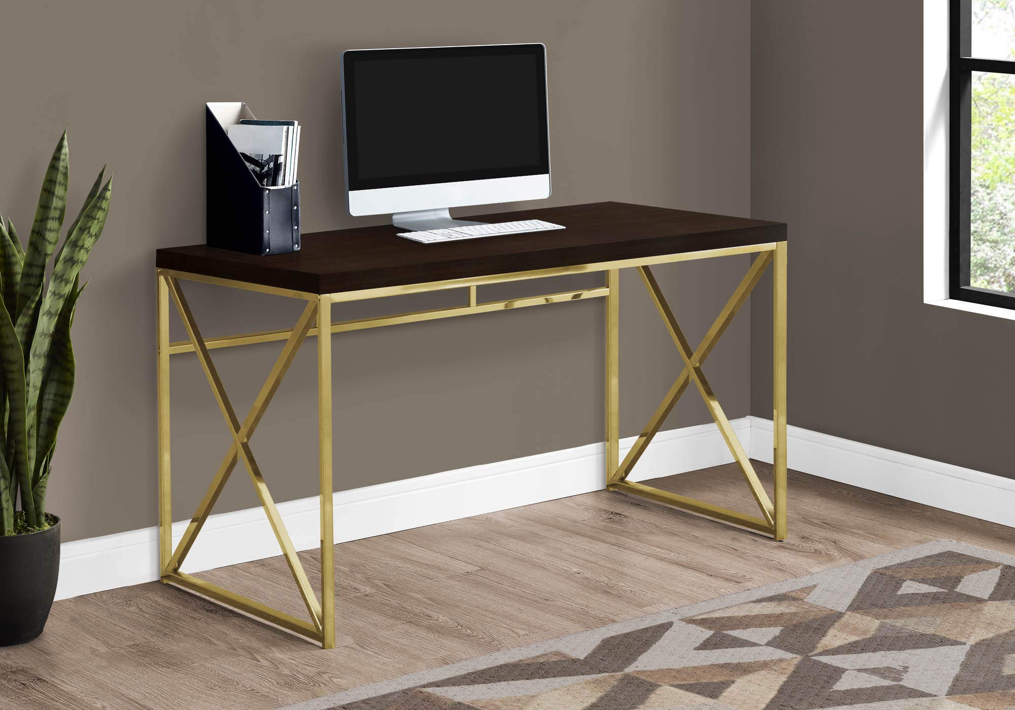 Monarch Specialties I 7201 Computer Desk, Home Office, Laptop, Work, Metal, Laminate, Brown, Gold, Contemporary, Modern
