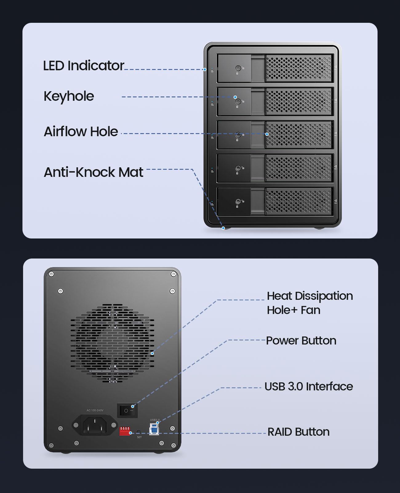 ORICO 5 Bay Raid Hard Drive Enclosure Aluminum USB 3.0 to SATA Hard Drive Tray Less Docking Station Max Up to 100TB Support RAID 0/1/3/5/10/JBOD Single Mode, Designed with Safety Lock-9558RU3