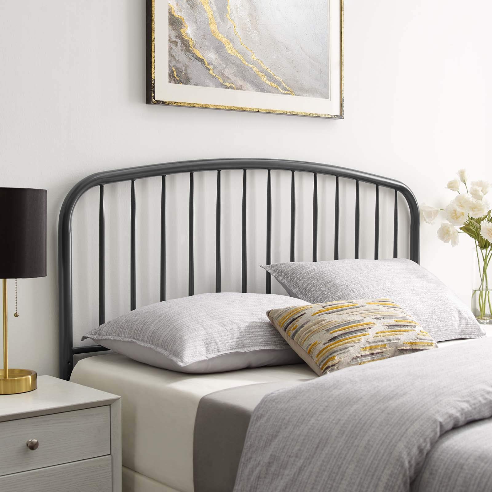 Modway Nova Modern Farmhouse Metal Full Headboard in Gray