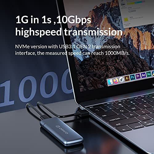 ORICO USB 3.1 Gen2 10Gbps USB-C NVME M.2 SSD Toolfree Case (M Key) Aliminum External Case Support 2230/2242/2260/2280 SSD Compatible M.2 SSD Conversion Adapter Enclosure Case M2L2-V03C3