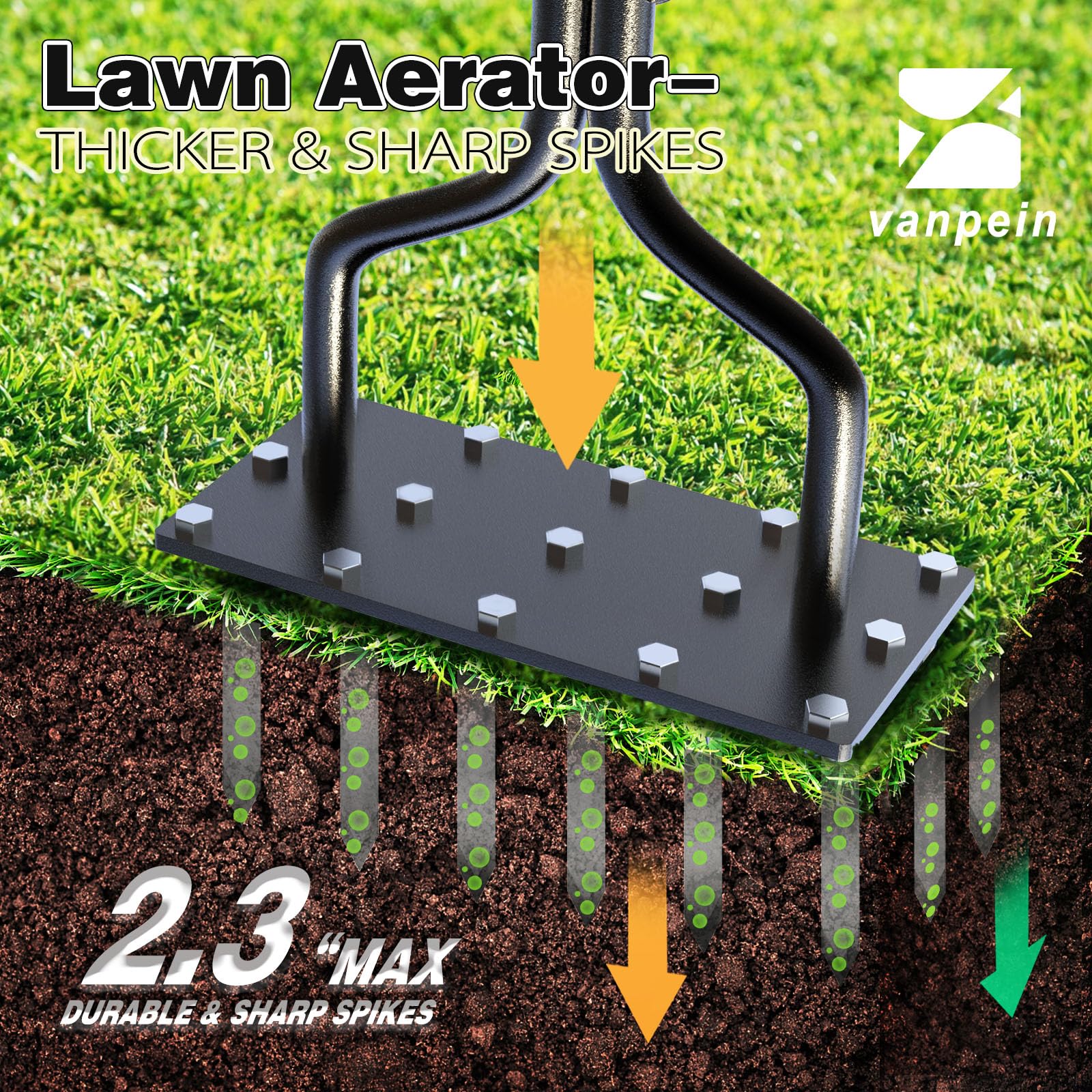 vanpein Lawn Aerator Spike Manual Tool with 15 Iron Spikes, Garden Grass Aeration Tools Hand Air Aerator & Clean Tool for Aerating Lawns & Yard Care, Loosening Soil, 36β