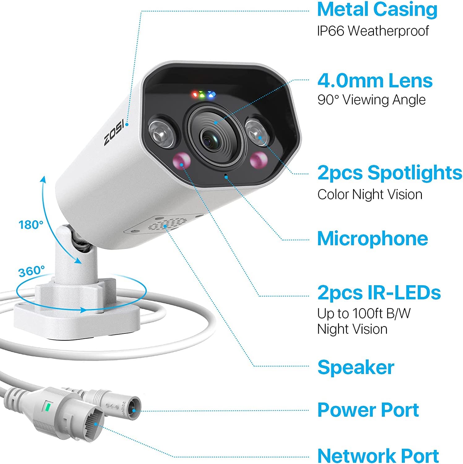 ZOSI 2PK 4K 8MP PoE IP Security Camera with 2PK Ethernet Cable Dome Camera Outdoor,2-Way Talk,Night Vision,Smart Light&Sound Alerts,IP66 Waterproof,Only Work ZOSI 4K PoE NVR