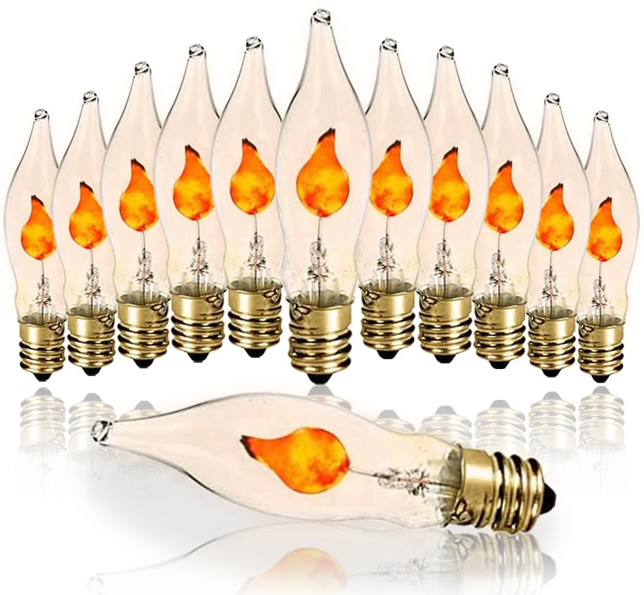 MaoTopCom 12 Pack Flicker Flame Light Bulbs, Crystal Clear, E12 Candelabra Base Replacement Bulbs for Electric Window Candles, Indoor/Outdoor String Lights, 3 Watt, 110 Volts