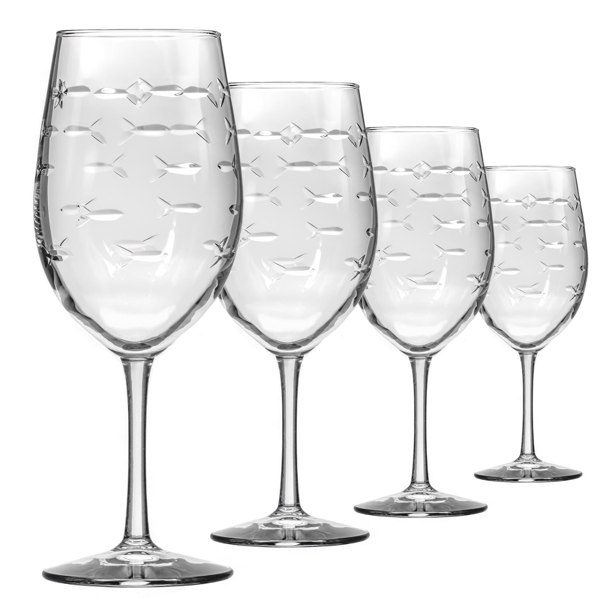 Rolf Glass School of Fish 18oz All Purpose Wine Glass | Set of 4 | Large Wine Glasses | Lead-free Crystal Glass | Engraved Wine Glasses | Made in the USA