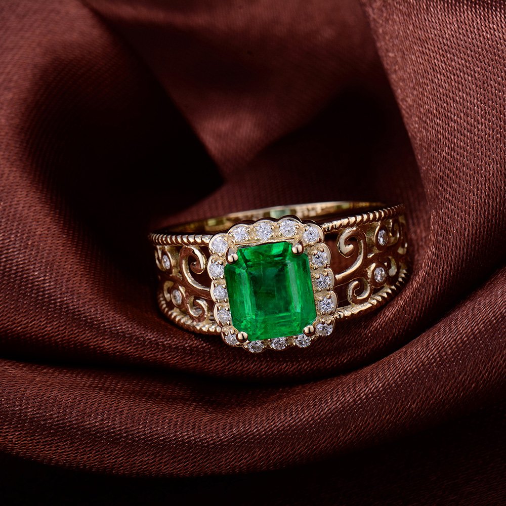 Lanmi 14K Yellow Gold Vintage Natural Green Emerald Rings Diamonds Band Engagement Wedding for Women Promotion