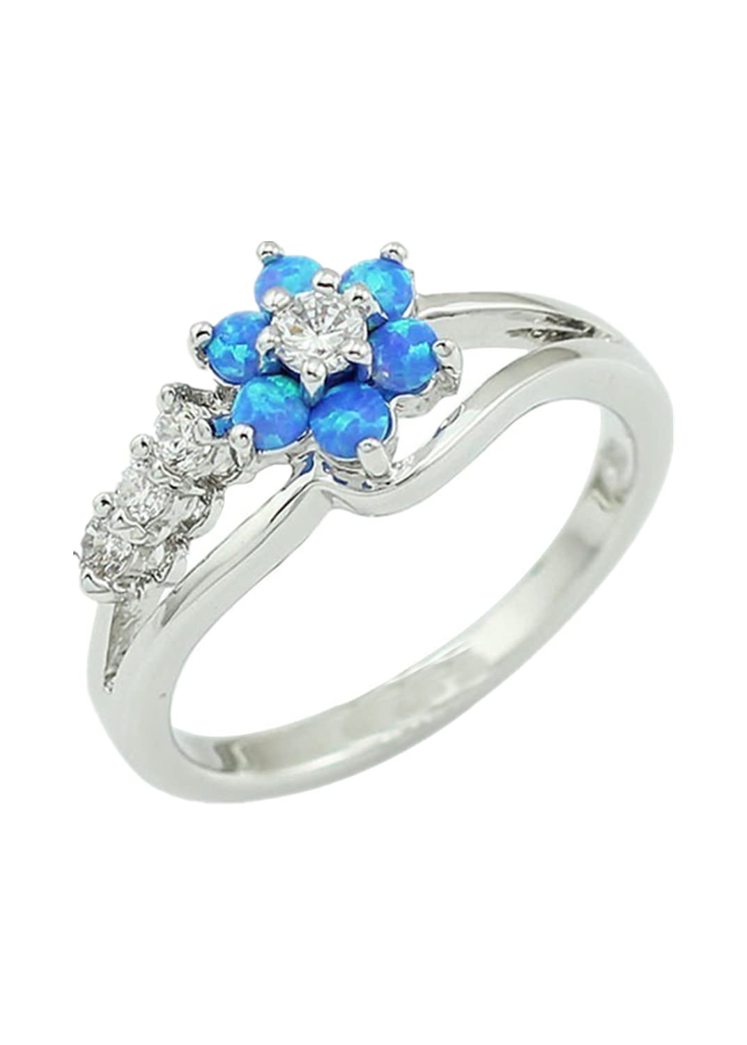 Pingyongchang Exquisite Round Cut White Fire Opal Stone Flower Women Opal Rings Diamond Zircon Female Jewelry Accessory Birthday Proposal Gift Bridal Engagement Party Band Ring-Blue Size 10