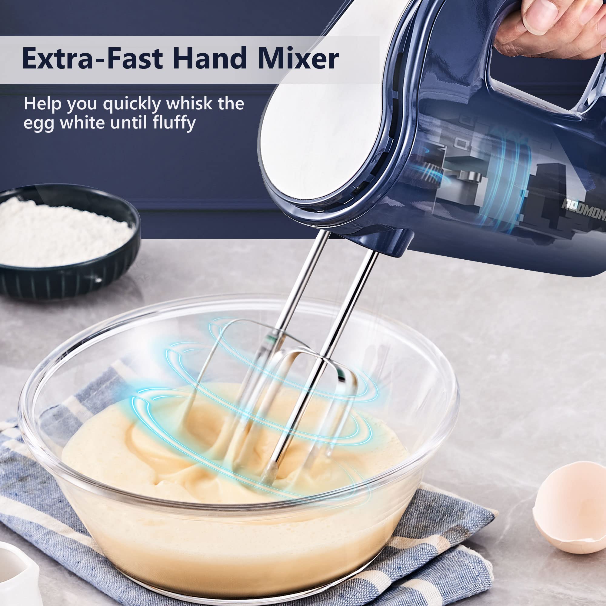REDMOND Hand Mixer Electric, 250W Power 5-Speed Handheld Mixer, Includes Stainless Steel Beaters and Dough Hooks with Turbo, Easy Eject Button (Navy Blue)