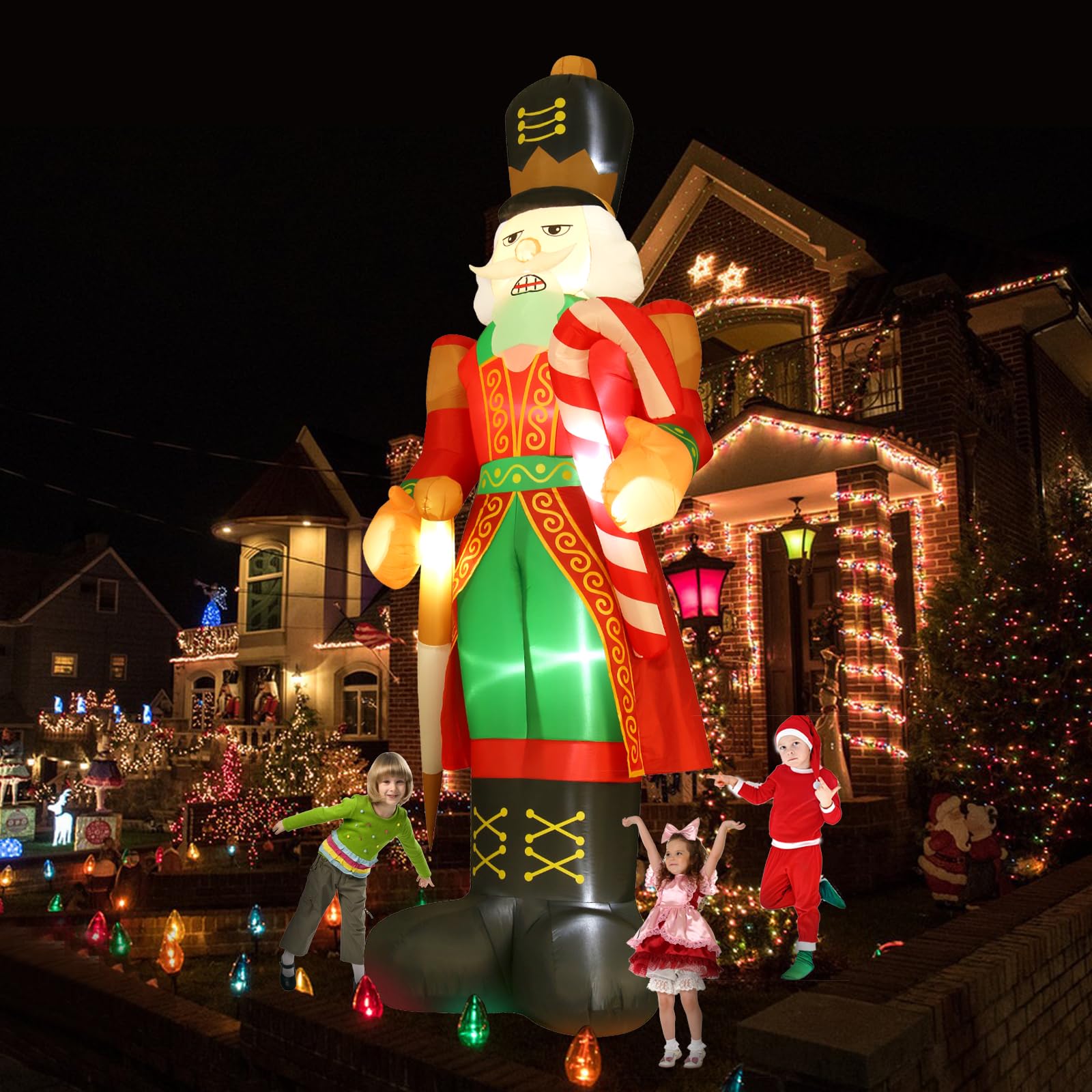 Loninak 12ft Christmas Inflatable Outdoor Decorations Nutcracker with Candy Cane, LED Lighted Blow Up Christmas Decorations for Holiday Party Yard Garden Lawn Home