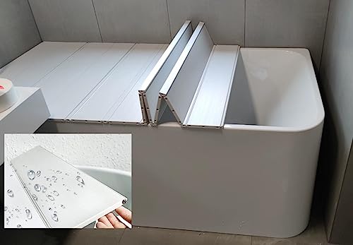 MOGUOBIN Shutter Bath Lid,1.2cm Thickness White Wood Grain PVC Bathtub Tray,Bath Insulation Cover,Foldable Anti-dust Bathtub Cover Bath Insulation Cover,Can Store Wine Glass,Tablets,Books,Cellphones
