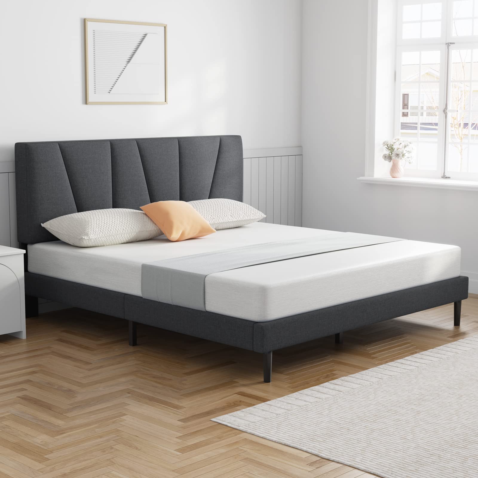 Molblly King Bed Frame Upholstered Platform with Headboard and Strong Wooden Slats, Strong Weight Capacity, Non-Slip and Noise-Free,No Box Spring Needed, Easy Assembly,Dark Grey