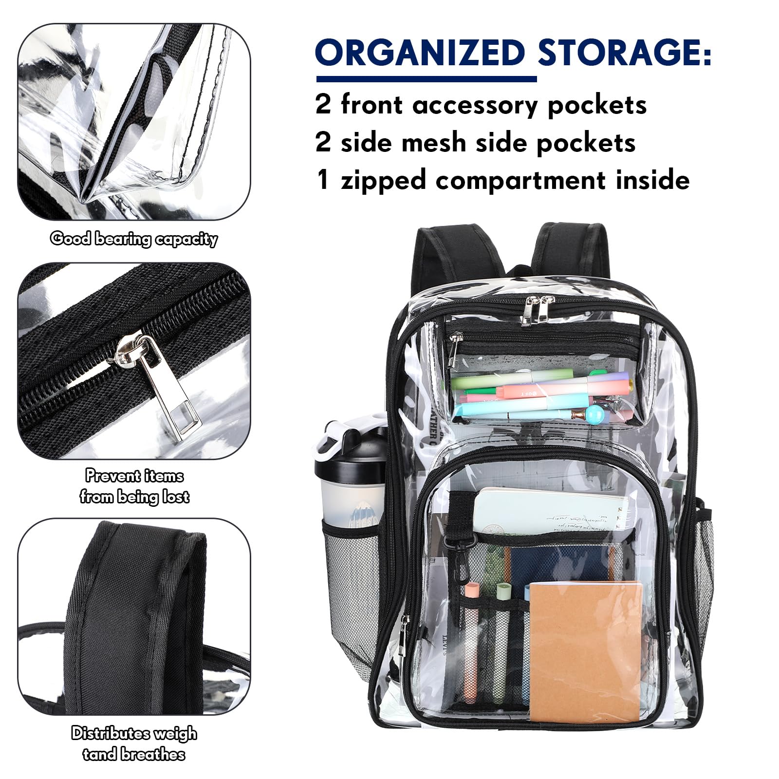 PerKoop 5 Pack Clear Backpack Bulk for Students Heavy Duty PVC Transparent School Bag See Through Bag for Women Men Kids (Black)
