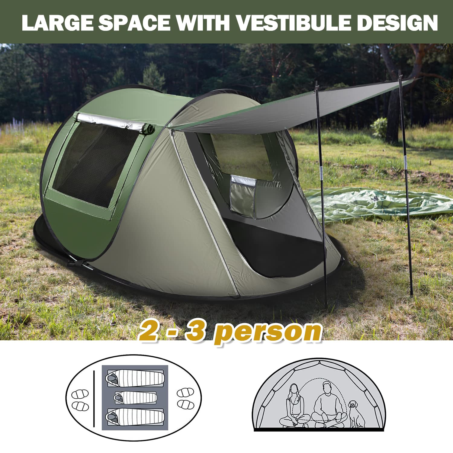RealPero Instant Pop Up Tent, Automatic Easy Setup Outdoor Waterproof Windproof Family Tent, Upgraded 2 Doors Vestibule Sun Shelter for 2/3 People Outdoor Camping,Travelling,Hiking, Beach,Green