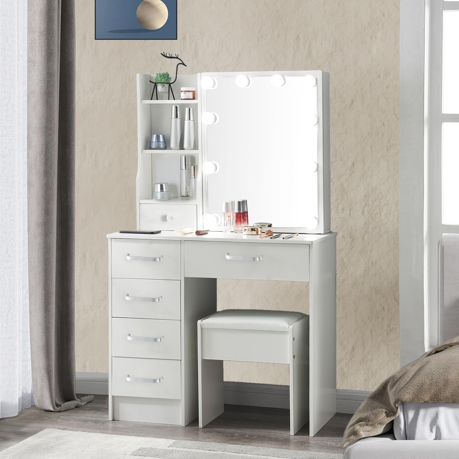 Makeup Vanity Desk with Mirror and Lights-Brightness Adjustable, White Makeup Vanity Table with Chair and Storage Drawers for Women Girls Bedroom