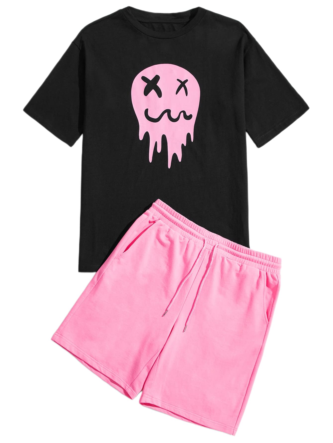Romwe Men's Summer Graphic Print T Shirt and Shorts Set Tracksuit 2 Piece Outfits Black and Pink M