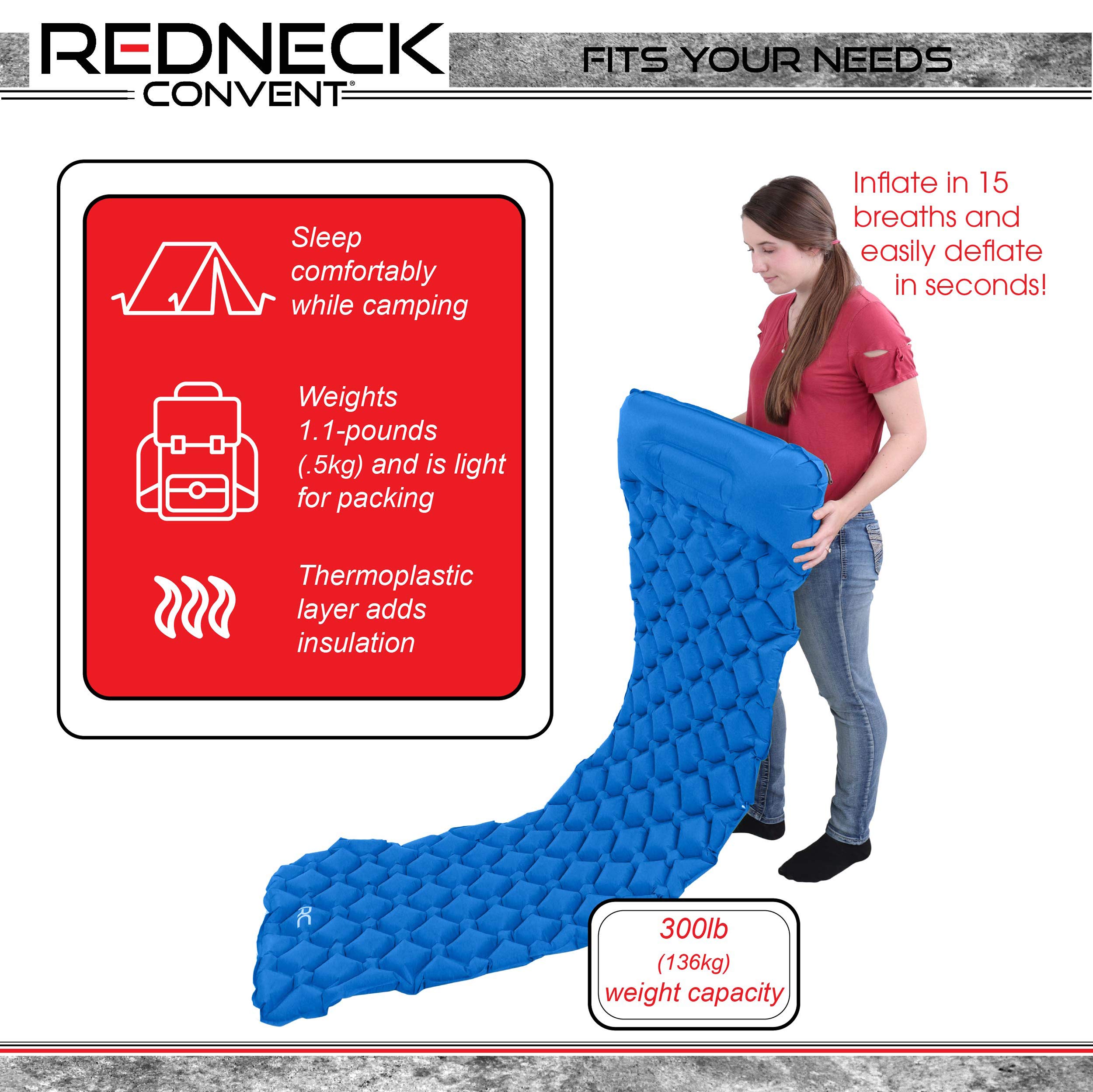 Redneck Convent RC Camping Sleeping Mat - 1.1lb Green Inflatable Camping Pad with Pillow Backpacking Air Mattress Sleeping Bag Camp Pad