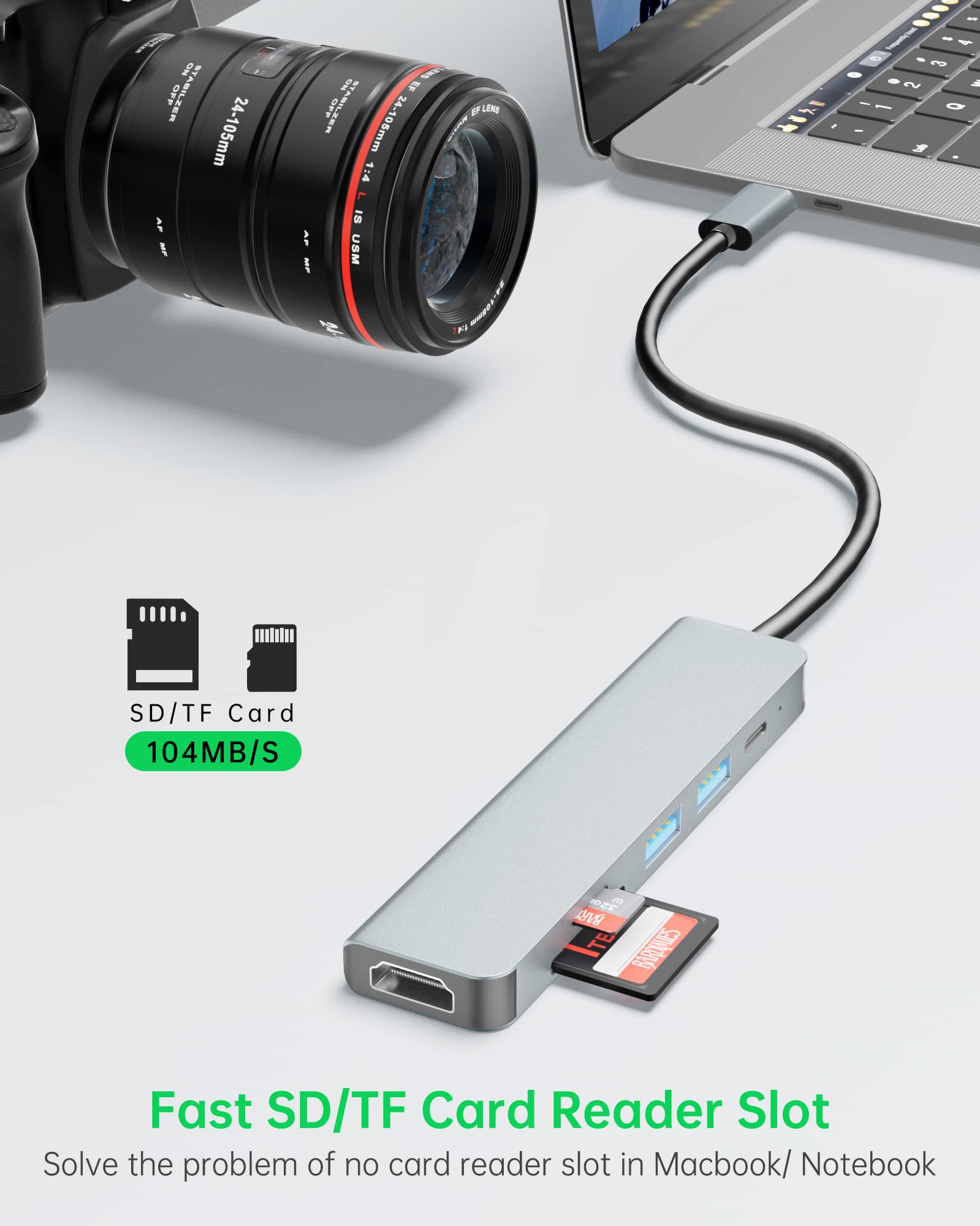 USB C HUB to HDMI, 6IN1 Docking Station for Android Phone and C Type Tablet PC MacBook Air/Pro，[ 2 USB3.0+ HDMI+PD+TF&SD Card Reader]