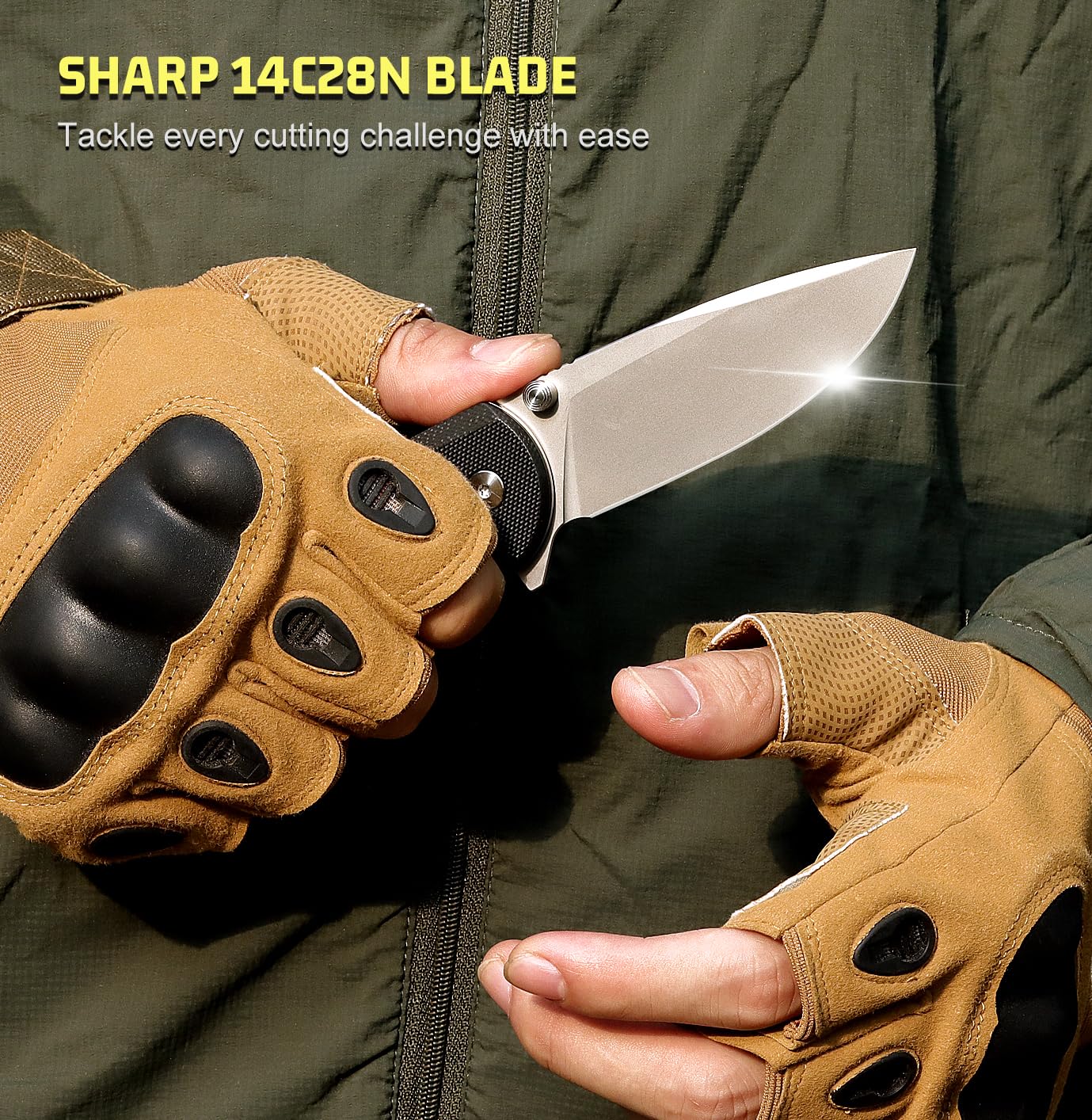 XTOUC Folding Knife EDC Pocket Knife: Button Lock 14C28N Blade Lightweight G10 Handle Camping Knives-Outdoor Hiking for Men