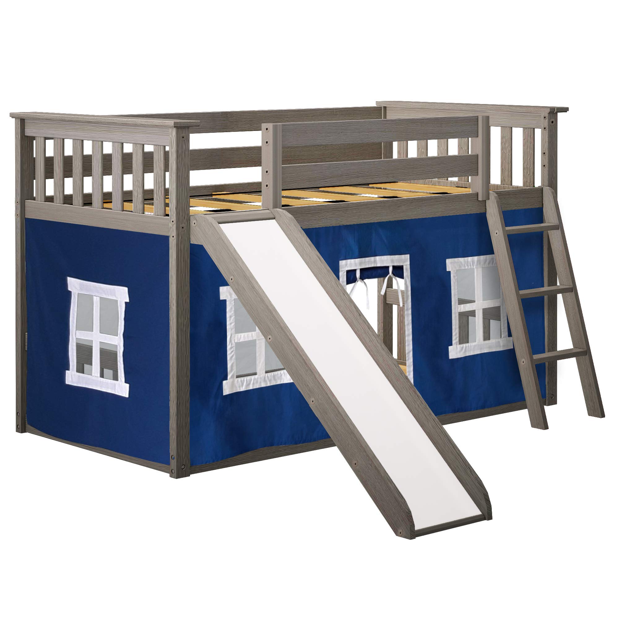 Max & Lily Low Bunk Bed, Twin-Over-Twin Bed Frame For Kids With Slide and Curtains For Bottom, Clay/Blue