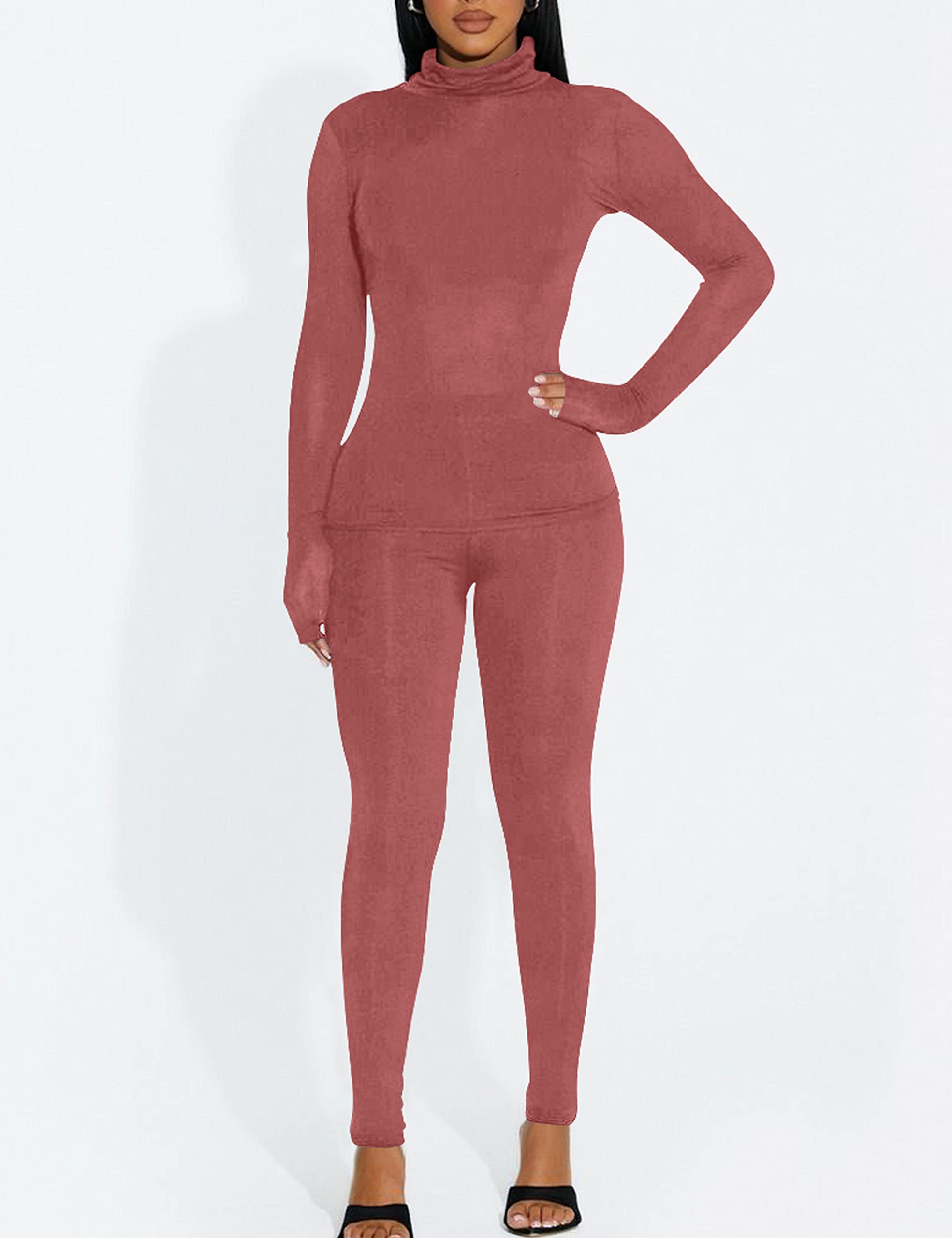 VASAUGE Women's Thermal Underwear Turtleneck Long Johns Base Layer Cold Weather Sets, X-Large, Dark Pink