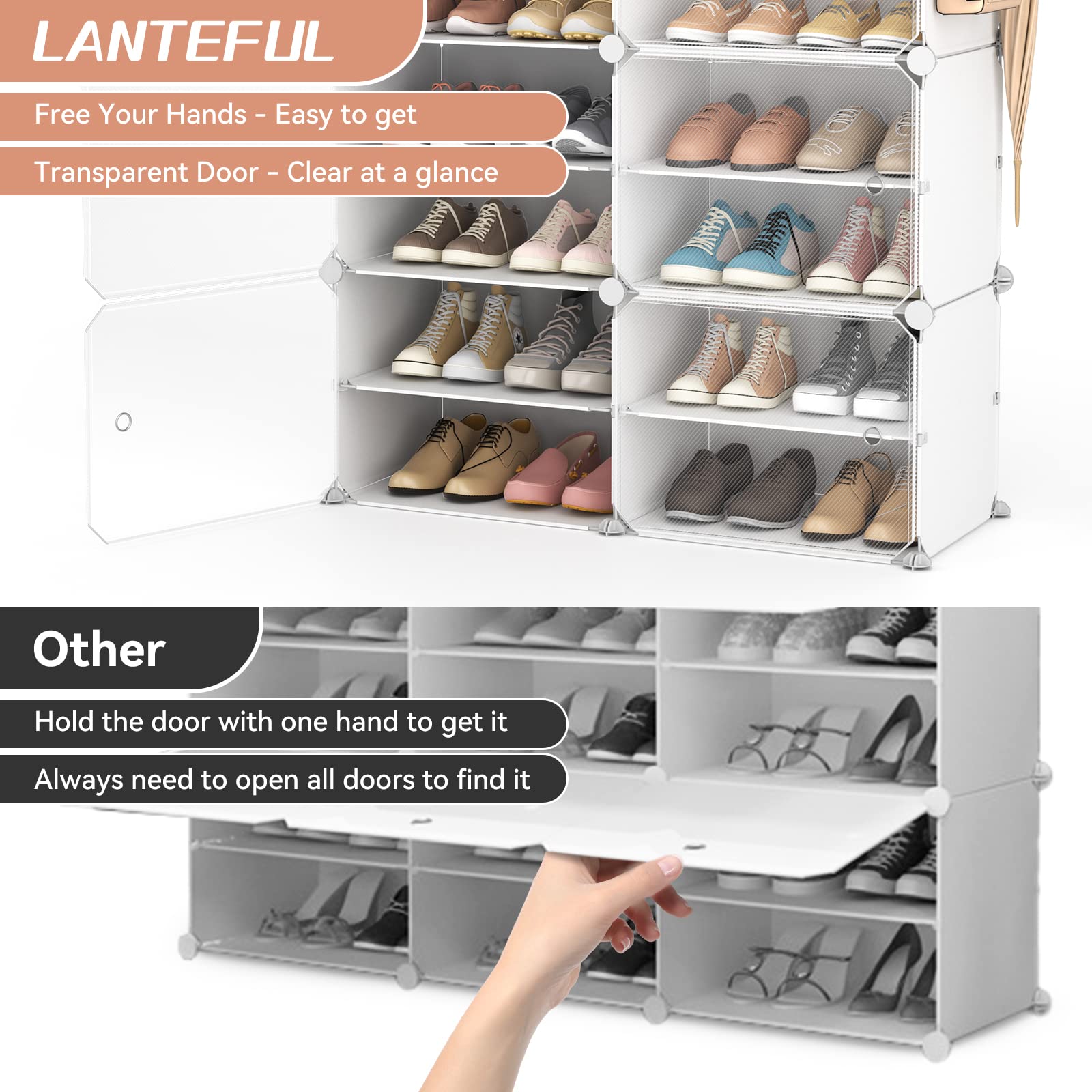 LANTEFUL Shoe Rack 8 Tiers 32 Pair Portable Shoe Storage Organizer Cabinet, Sturdy Plastic Shelf with Hooks, Door for Entryway, Bedroom and Hallway, White