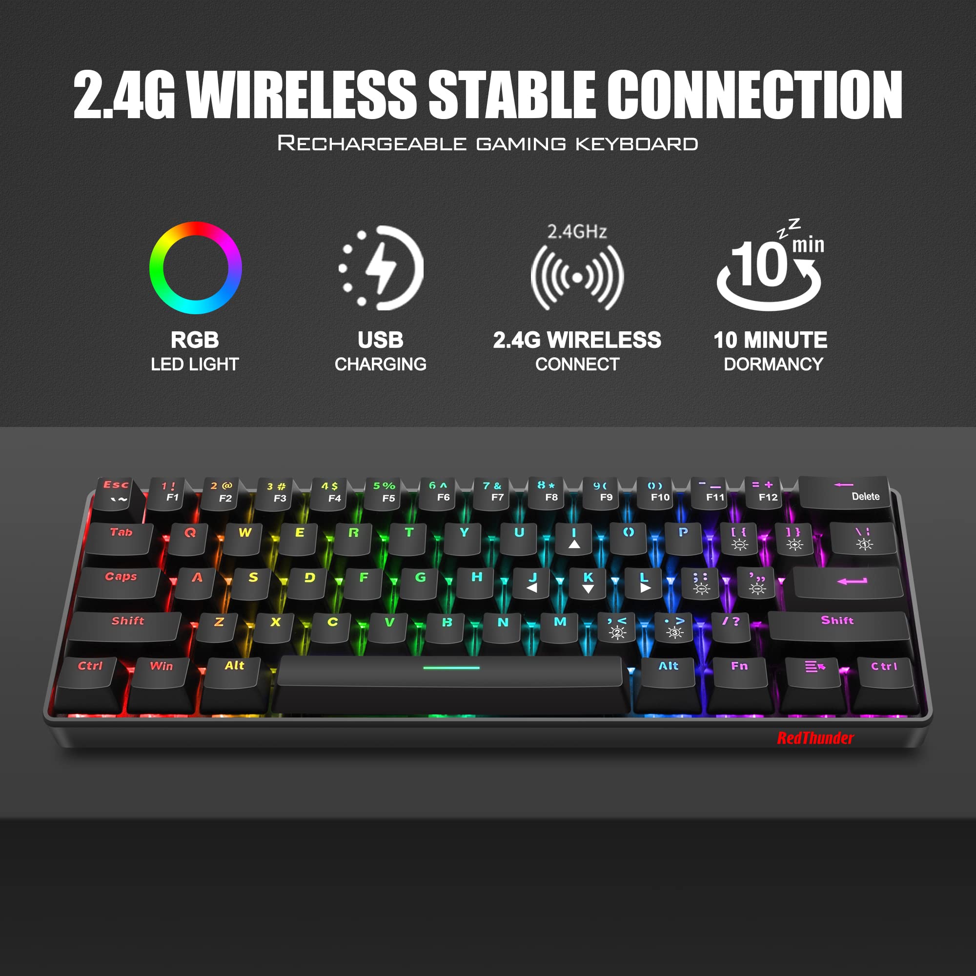 RedThunder K61 Rechargeable Wireless 60% Mechanical Keyboard, True RGB Backlit, Keyboard with 61 Keys Compact Layout for Laptop PC Mac Long-Lasting Built-in Battery (White, Blue Switch)
