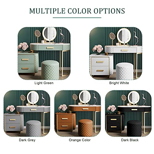 Makeup Vanity with Mirror and Lights, Luxury Dressing Table Wrapped in Microfibre Leather, Modern Vanity Set with Marble Countertop, Side Cabinet, 3 Solid Wood Drawers, Soft Chair - 31.5In Black